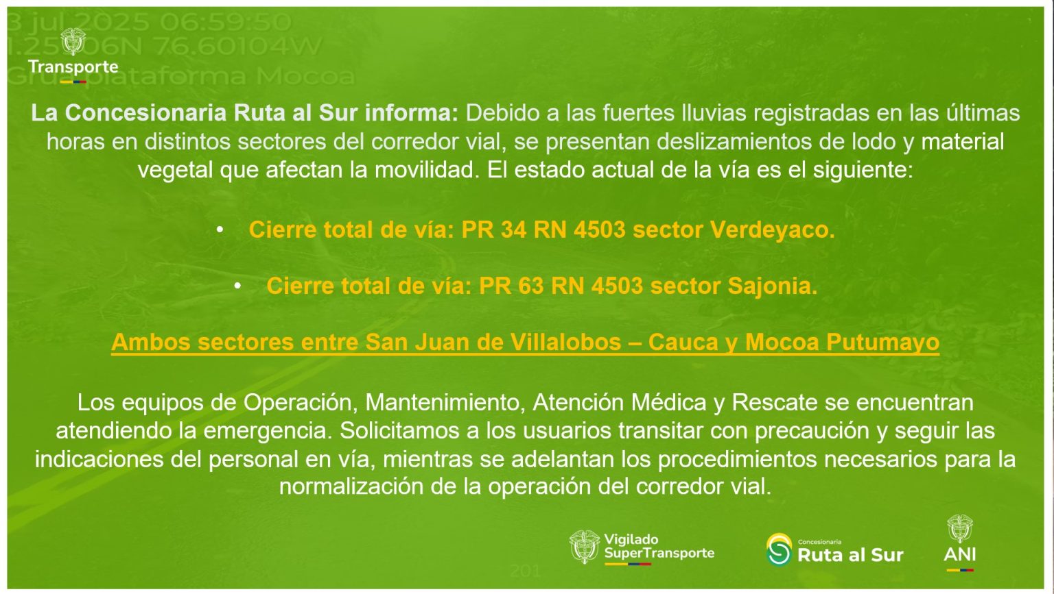Alerta Vial: Cierre Total en la vía Mocoa - Pitalito por Deslizamientos ...